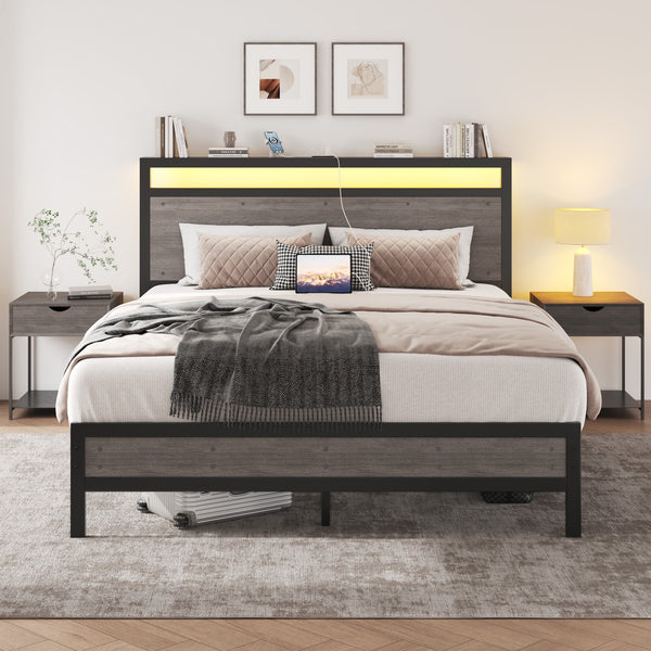 Queen Bed Frame with LED Headboard & Charging Station, Noise-Free, No ...
