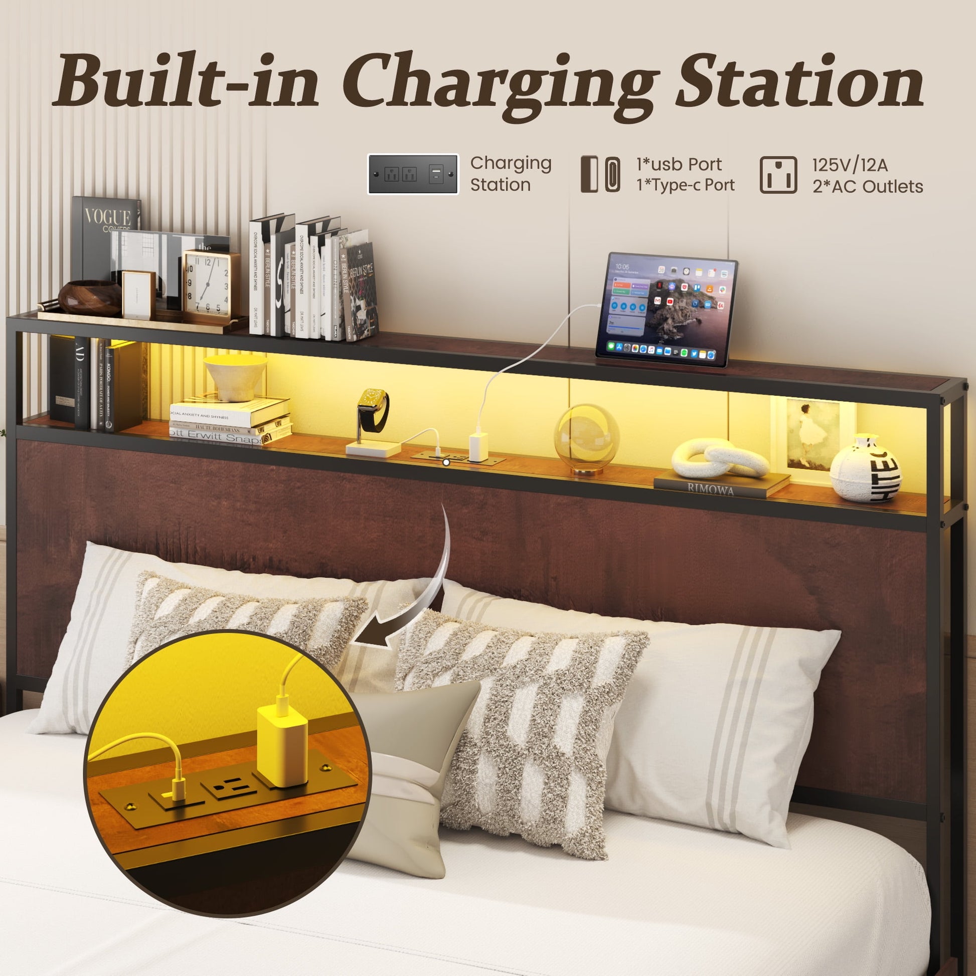 Fluest Queen Bed Frame with USB Port and LED Light, 2-Tier Storage Hea ...