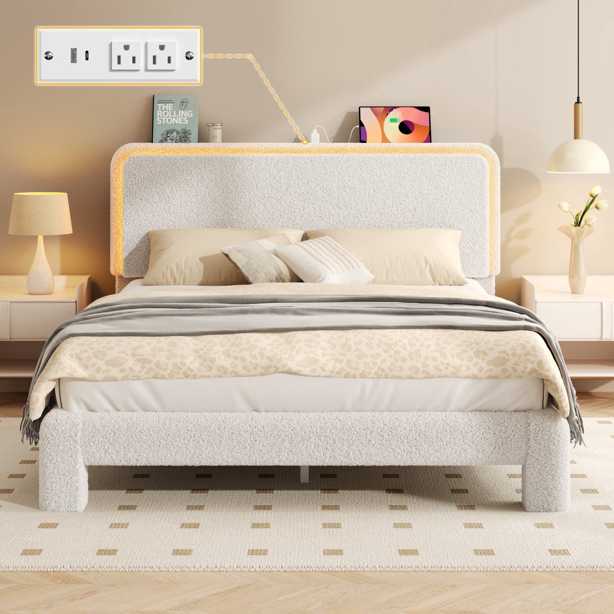 Fluest Queen Boucle Upholstered Bed Frame, Cloud Headboard, Charging S ...