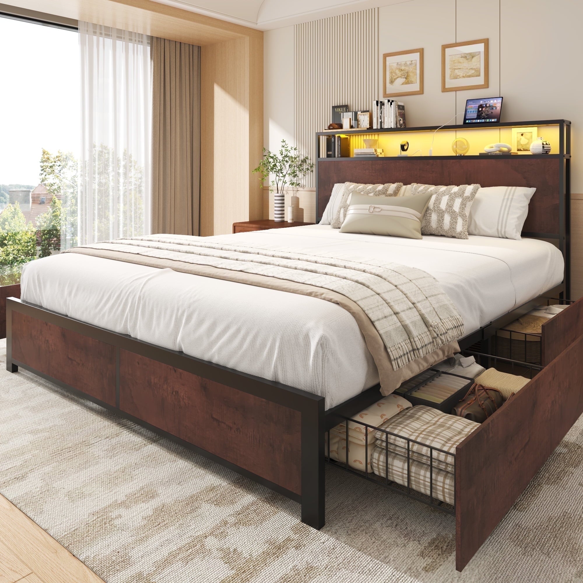 Fluest Queen Bed Frame with USB Port and LED Light, 2-Tier Storage Hea ...